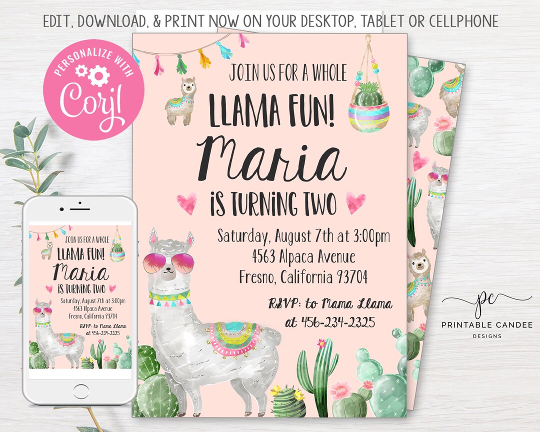 Editable Llama Birthday Invitation Girl Llama Fiesta Cactus Pink Alpaca ...