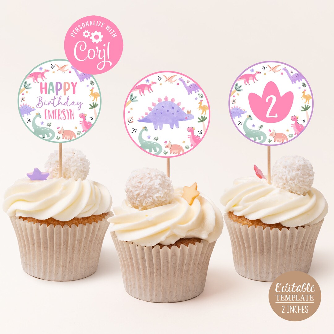Pastel Dinosaur Cupcake Toppers Girl Dino Birthday Party Decor Cupcakes ...