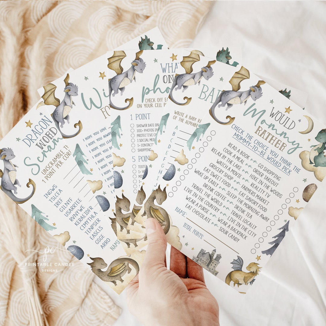 Dragon Baby Shower Games Blue Dragons Theme Printable Game Bundle It's ...