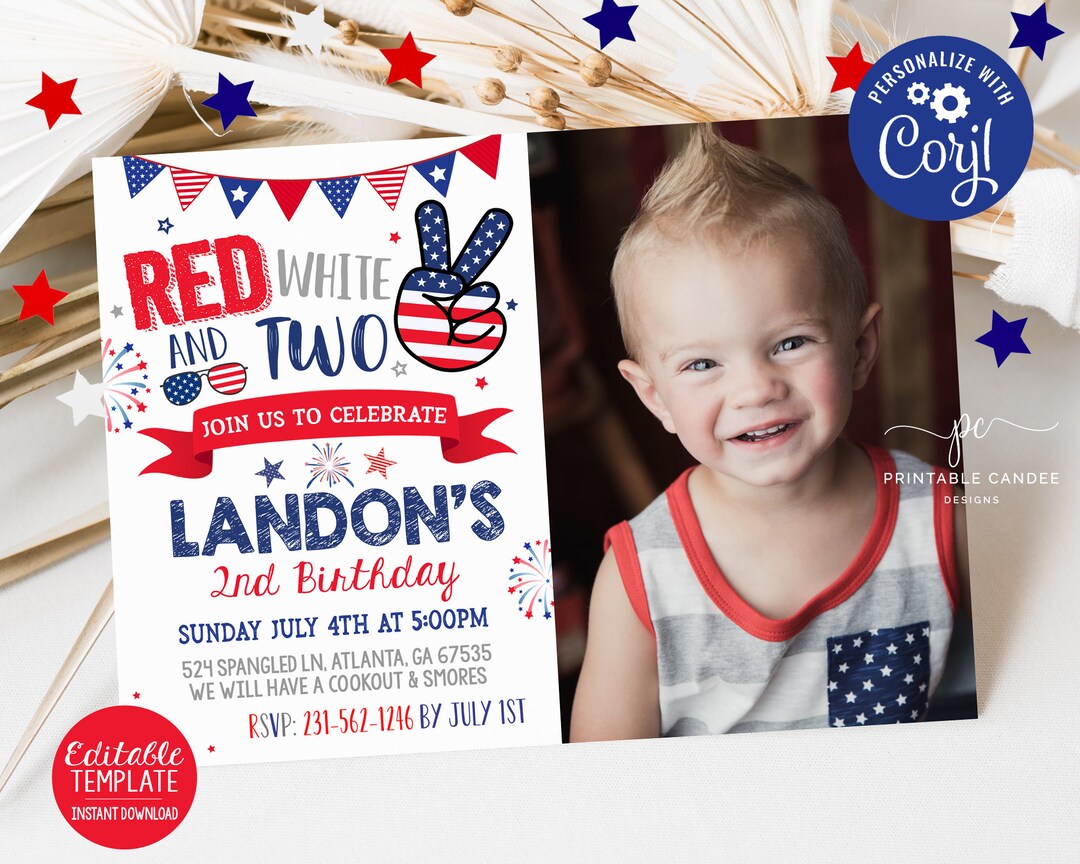 4th of July 2nd Birthday Invitation Red White and Two Patriotic Stars ...