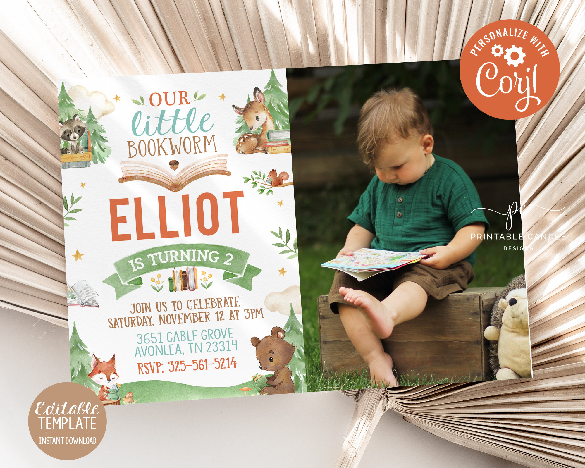 Editable Bookworm Birthday Invitation Boy Woodland Library Themed Photo ...