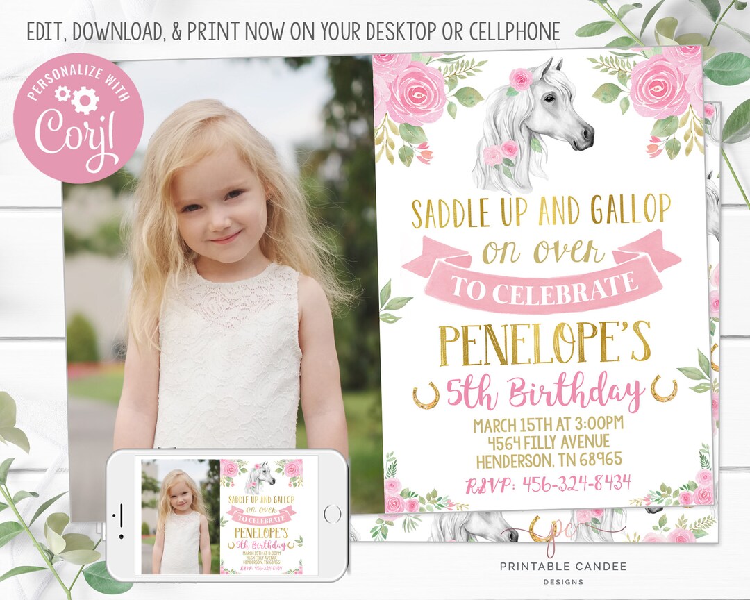 Horse Invite Girl Pony Party Invite Floral Gold Pink Theme Editable ...