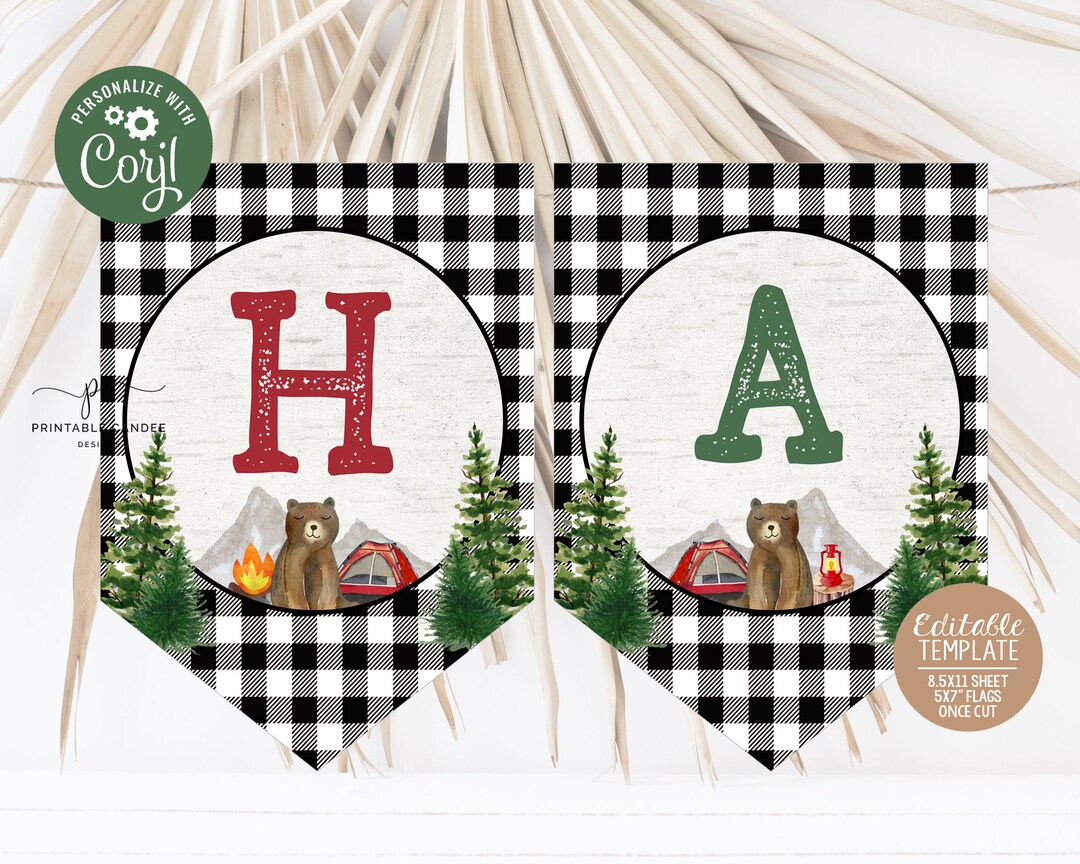 Editable Camping Flag Banner One Happy Camper Smores Black Lumberjack ...