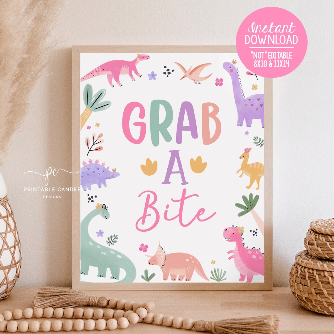 Pastel Dinosaur Food Sign Girl Dino Birthday Party Theme Grab a Bite ...