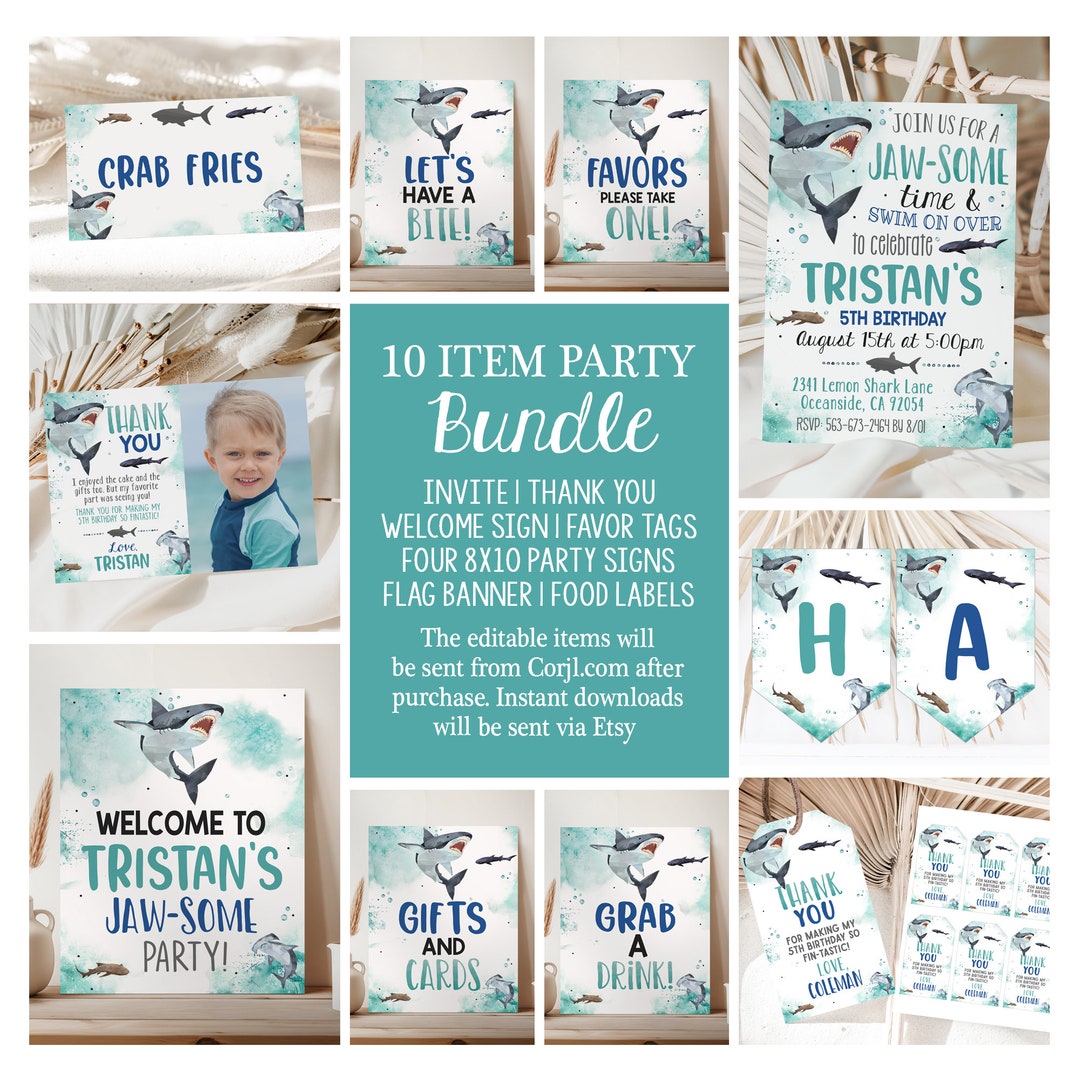 Shark Birthday Party Bundle Ocean Favors Signs Boy Decor Summer Sharks ...