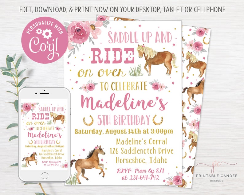 Girl Horse Birthday Invitation Party Invite Floral Pink Gold Pony Theme ...