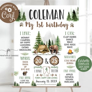 Editable Camping First Birthday Stats Sign Woodland Happy Camper ...