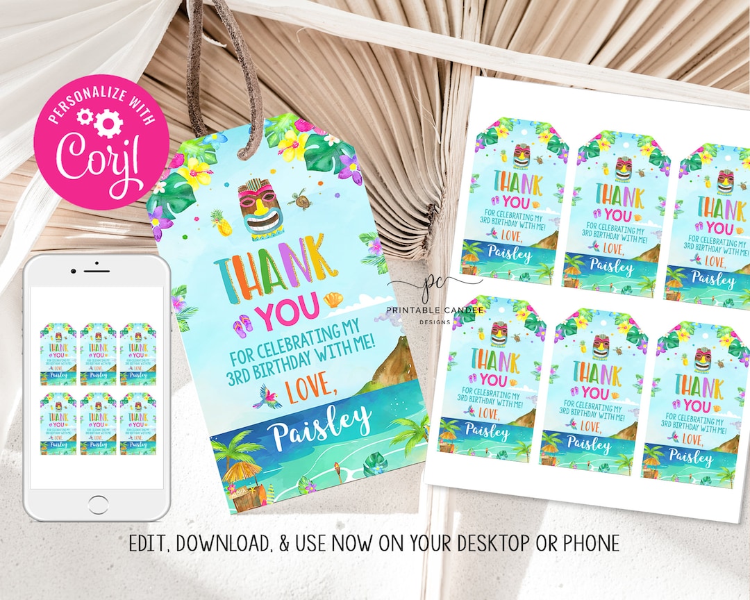 Luau Favor Tags Editable Beach Birthday Party Luau Favors Tropical ...