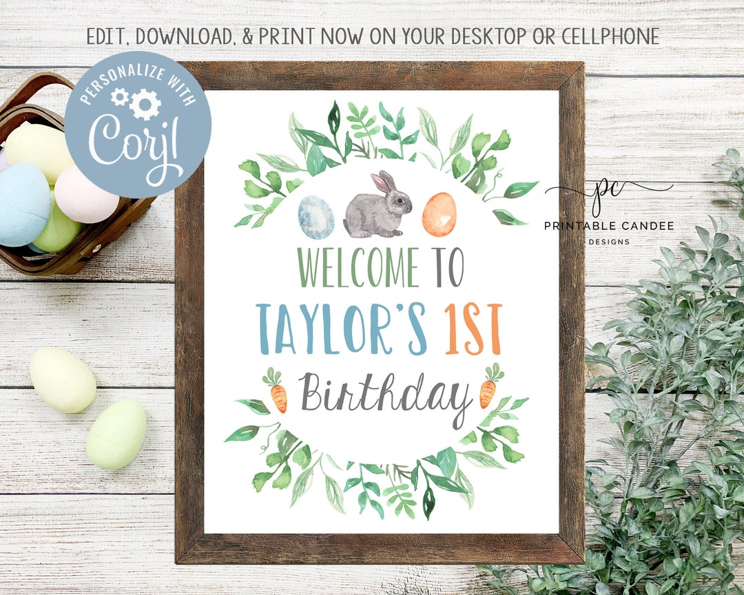 Easter Welcome Sign Template Boy Birthday Party Blue Bunny Theme Table ...