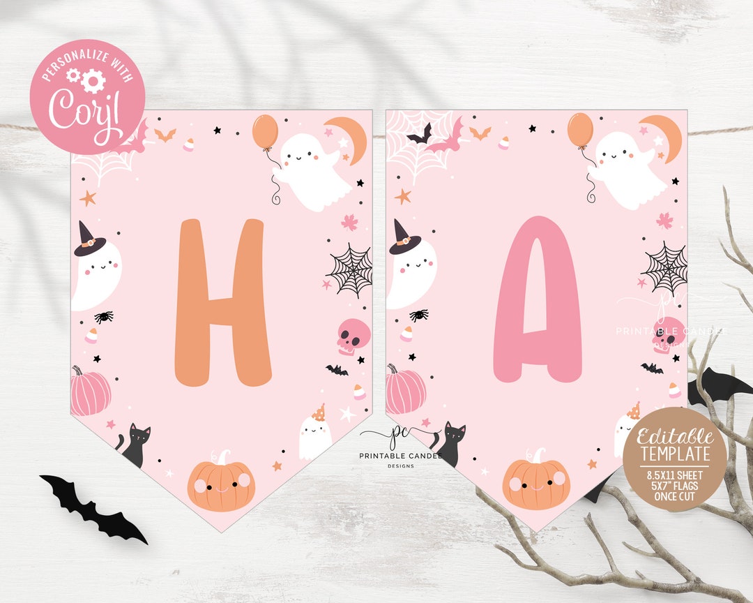 Editable Halloween Flag Banner Pink Ghost Party Decor Girl Theme ...