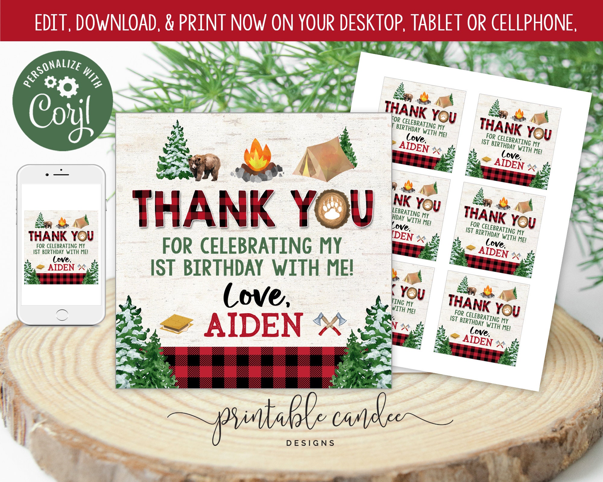 Camping Favor Tags One Happy Camper Smores Lumberjack Bear | Etsy