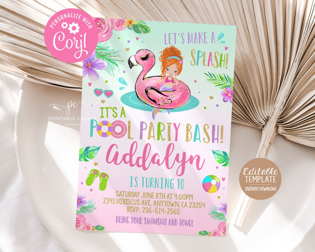 Mermaid Flamingo Pool Party Invitation Editable Summer Birthday Invite ...