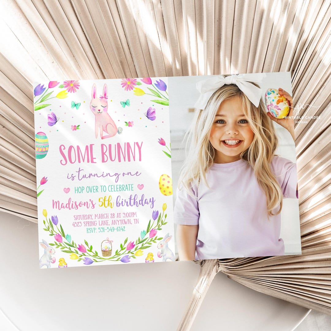 Easter Birthday Invitation Template Pink Bunny Photo Invite Spring ...