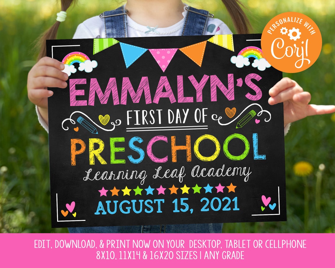 Rainbow First Day of School Chalkboard Sign Girl 1st Day of Preschool ...