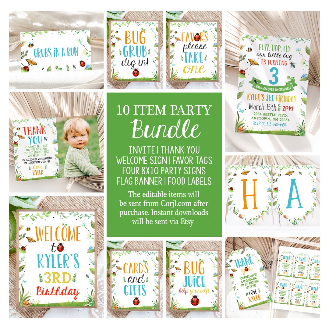 Editable Bug Party Bundle Insect Theme Birthday Decor Boy Invite Signs ...