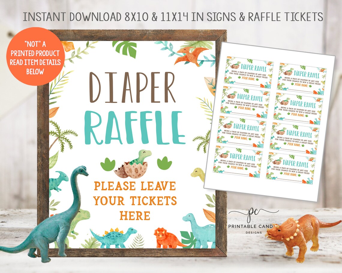 Dinosaur Diaper Raffle Table Sign Printable Dino Baby Shower | Etsy