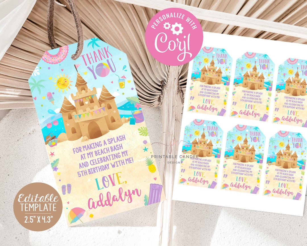Beach Party Favor Tags Template Girl Birthday Summer Beach Bash Theme ...