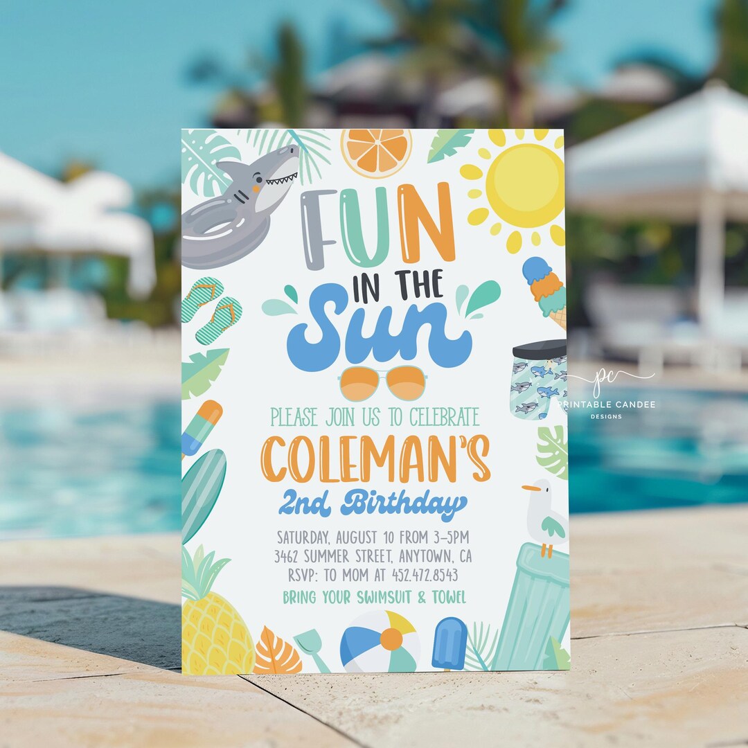 Editable Fun in the Sun Birthday Party Invitation Tropical Summer Boy ...