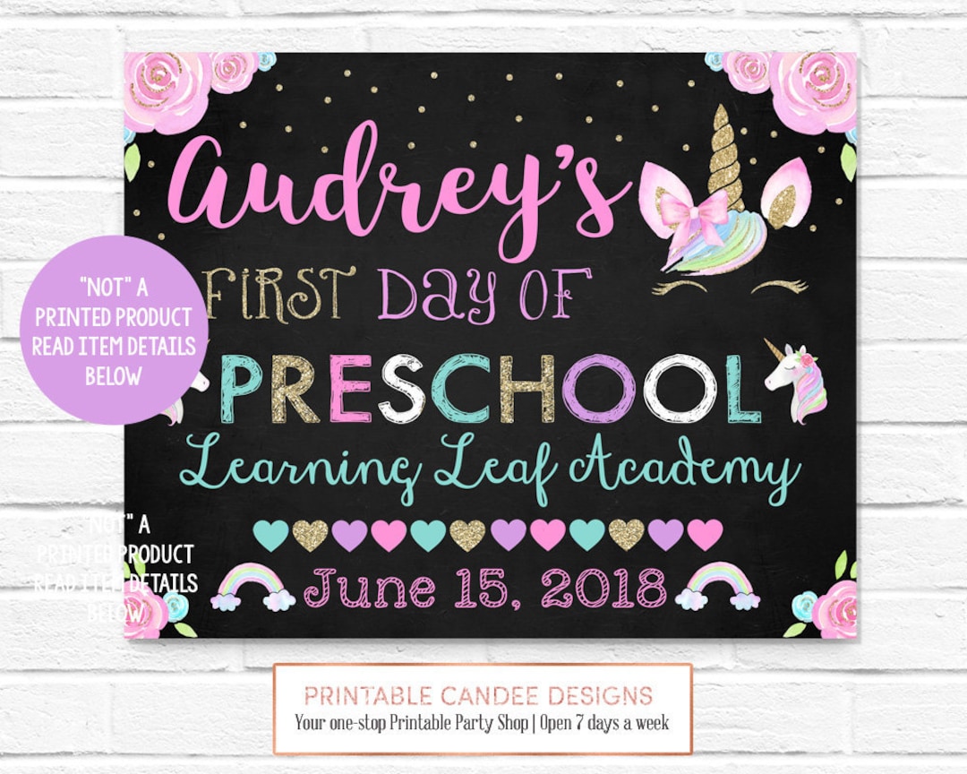 First Day of Preschool Sign 1st Day of Kindergarten Girl Unicorn Back ...