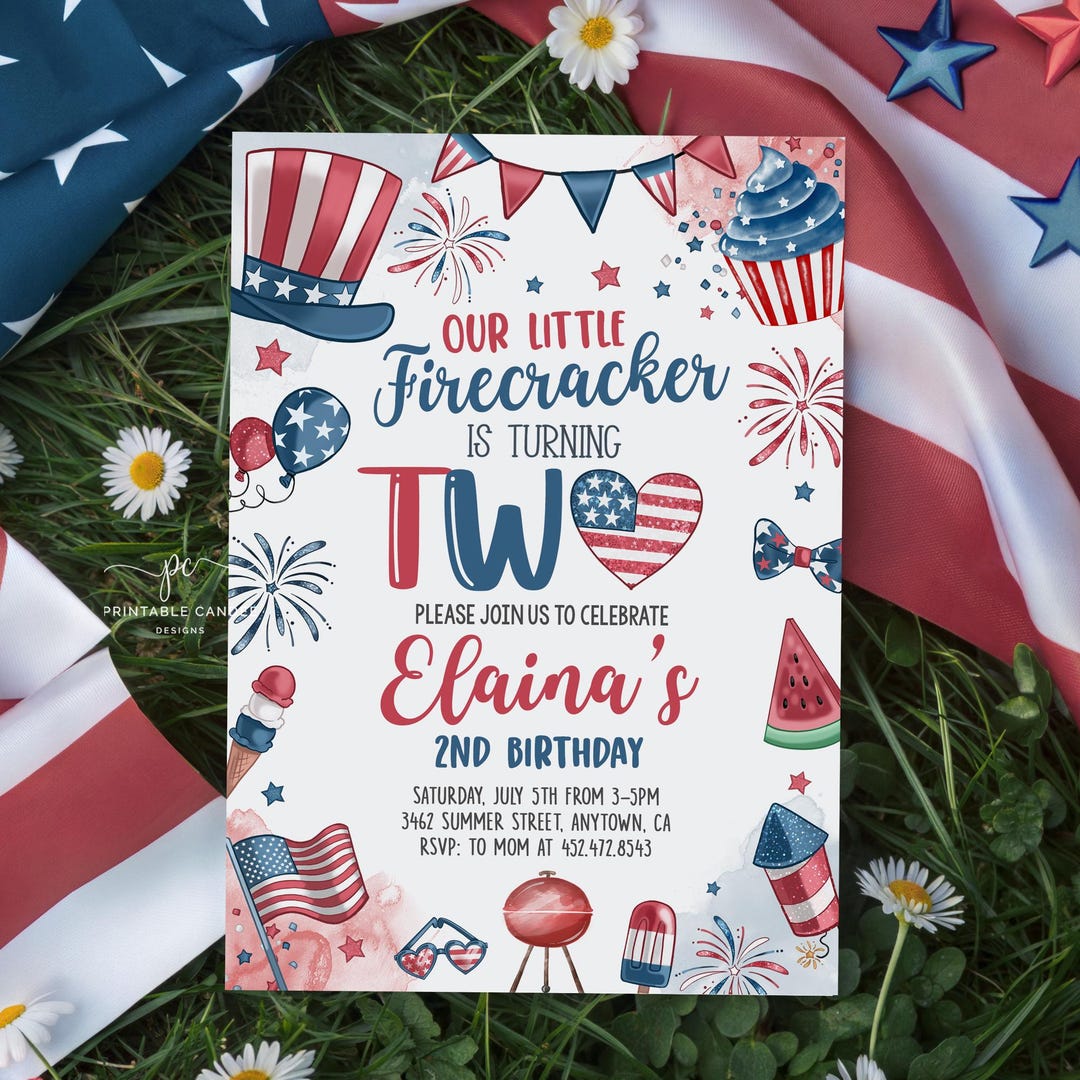 Editable 4th of July Girl 2nd Birthday Invite Little Firecracker ...