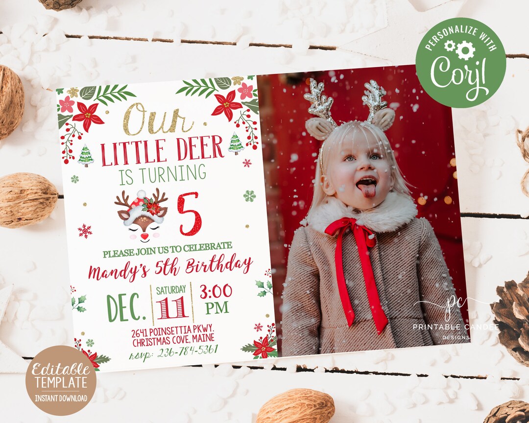 Invitación de cumpleaños de Navidad de reno editable Pequeño ciervo ...