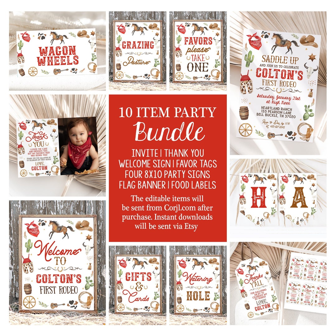 Editable Cowboy Party Bundle 1st Rodeo Party Theme Red Wild West ...