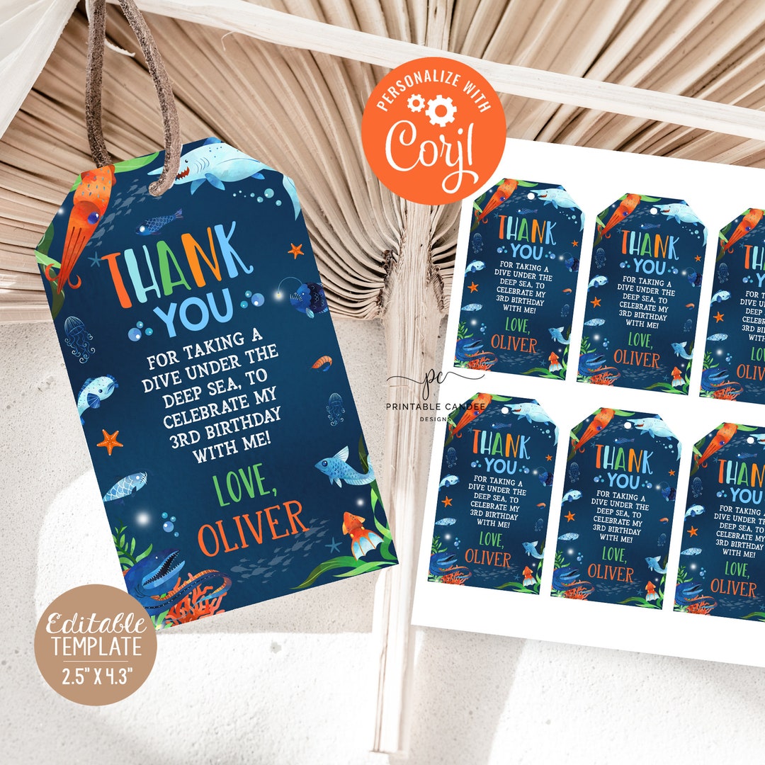 Editable Under the Sea Favor Tags Deep Sea Creatures Boy Birthday Party ...