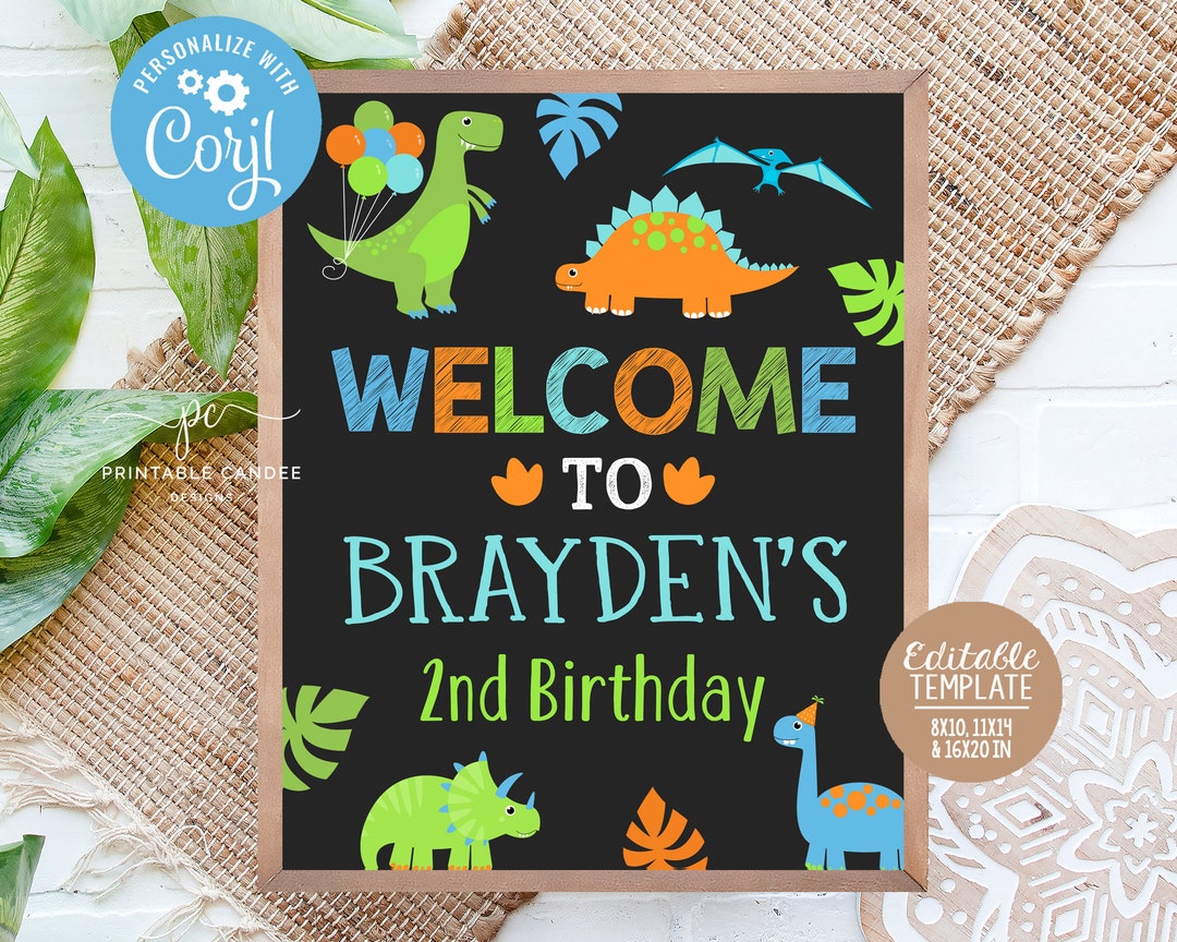 Editable Dinosaur Welcome Sign Boy Dino Birthday Party Theme Door Sign ...