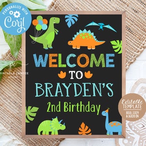 Editable Dinosaur Welcome Sign Boy Dino Birthday Party Theme Door Sign ...