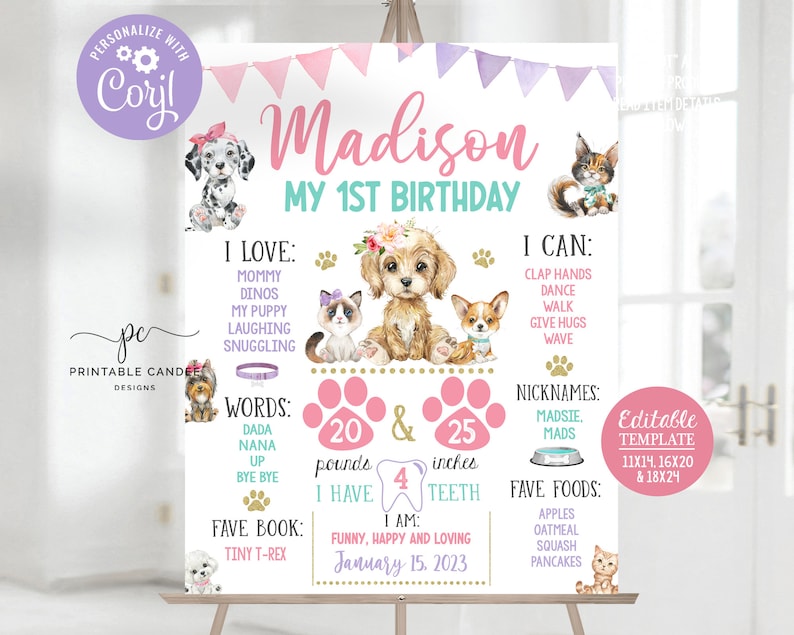 Editable Girl Puppy Kitten Milestone Sign Cat Dog Birthday Party Pink ...