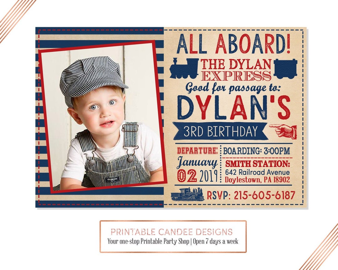 Train Birthday Invitation Red Navy Blue Rustic Vintage Boy Invite 1st ...