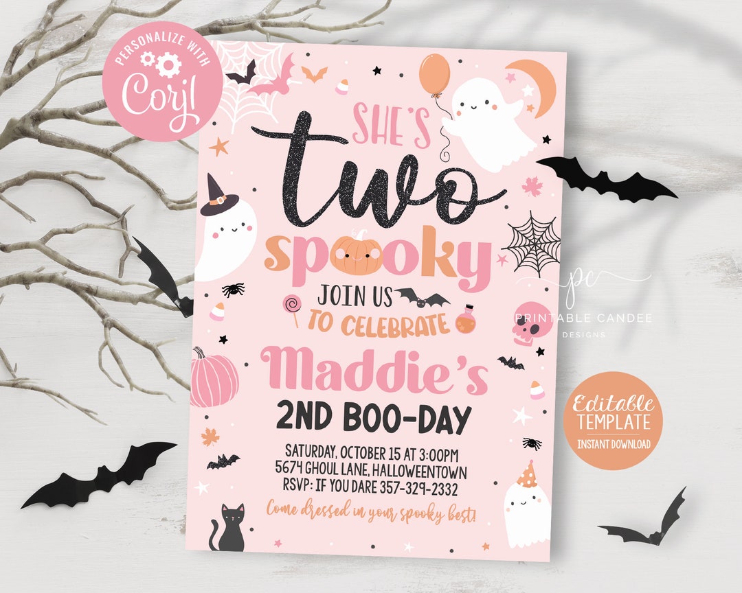 Editable Halloween Pink Ghost 2nd Birthday Invite Girl Cute Hey Boo ...