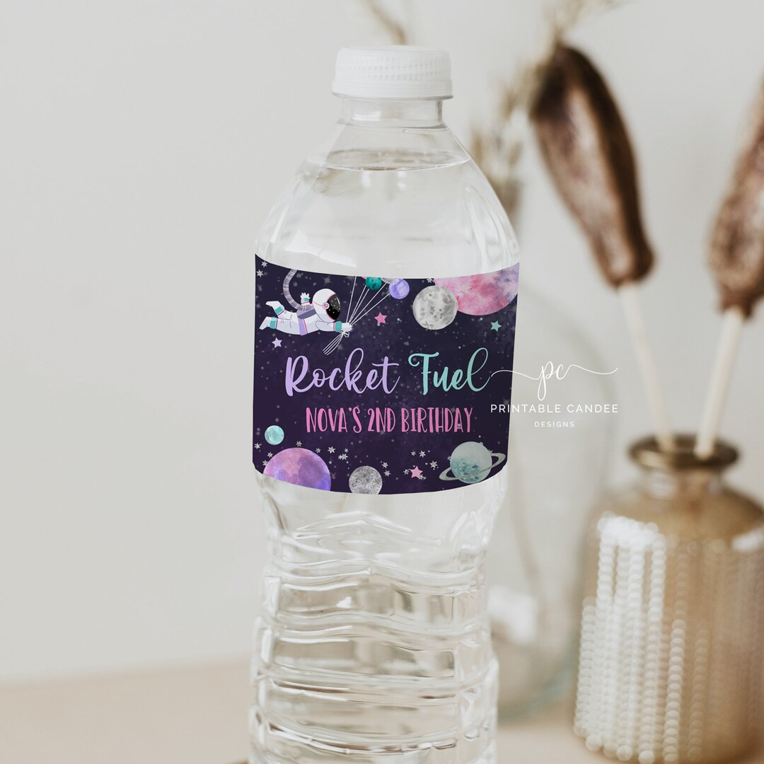 Editable Space Water Bottle Labels Trip Astronaut Girl Pink Galaxy ...