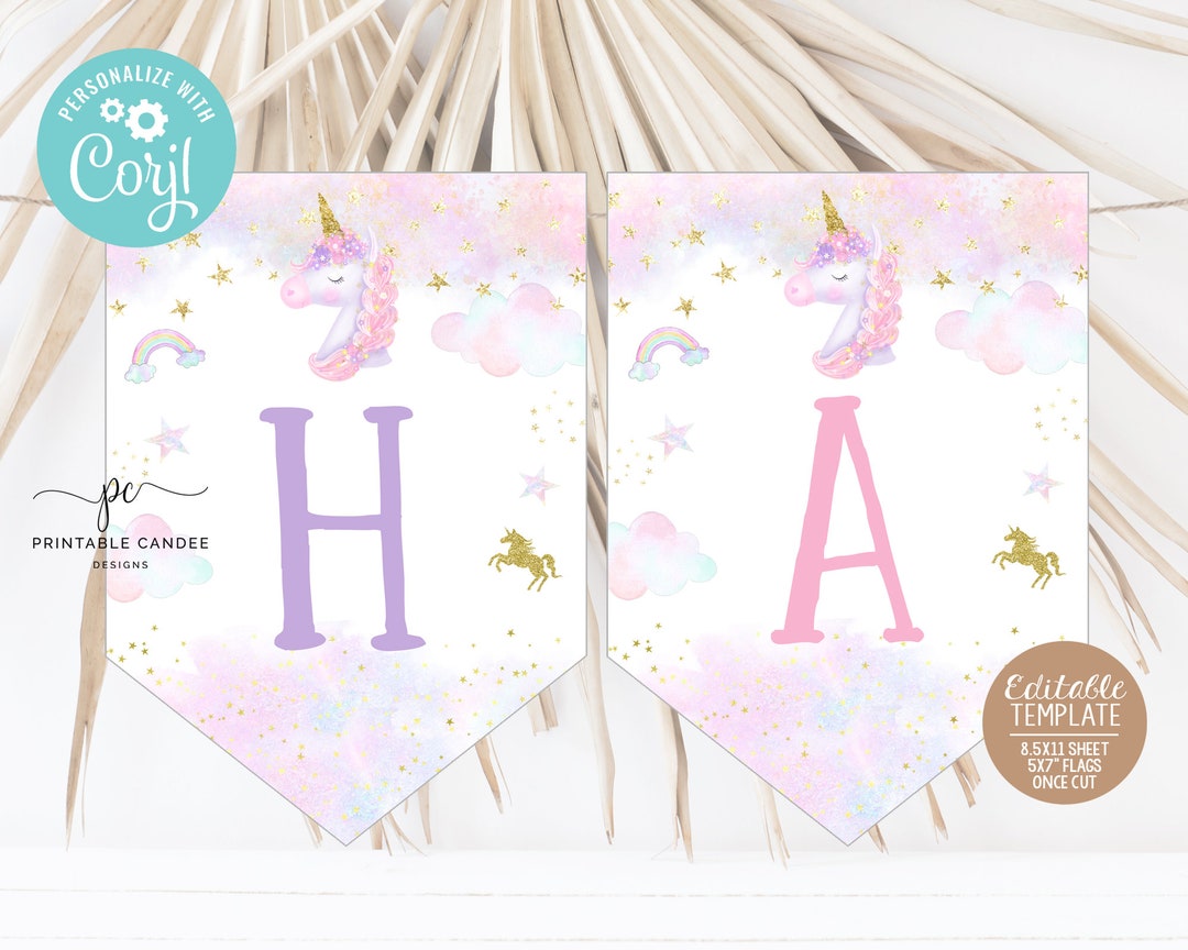 Unicorn Pastel Party Flags Editable Flag Banner Rainbow Unicorns ...