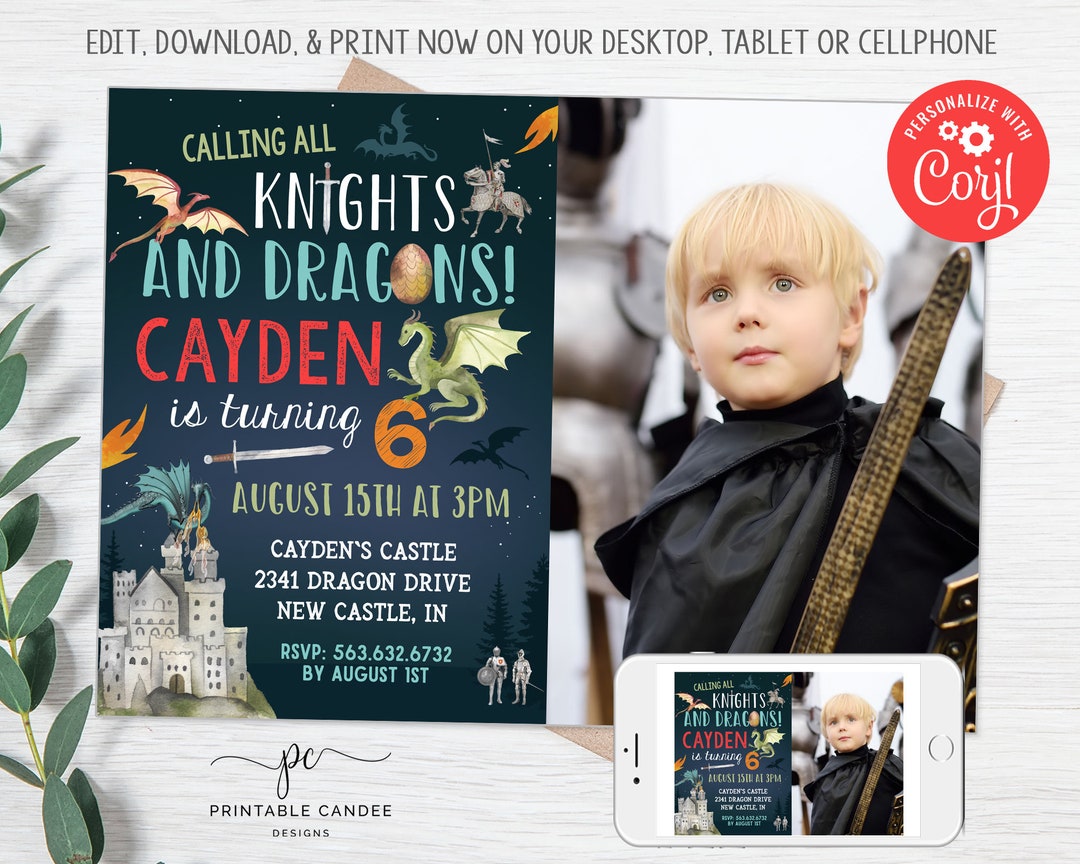 Knights and Dragons Birthday Invitation Editable Dragon Knight Party ...