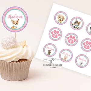 Editable Girl Puppy Kitten Cupcake Toppers Cat Dog Birthday Party Pink ...