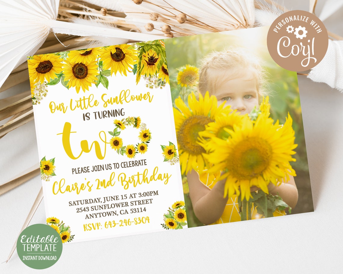 Sunflower 2nd Birthday Invitation Floral Party Invite Summer - Etsy