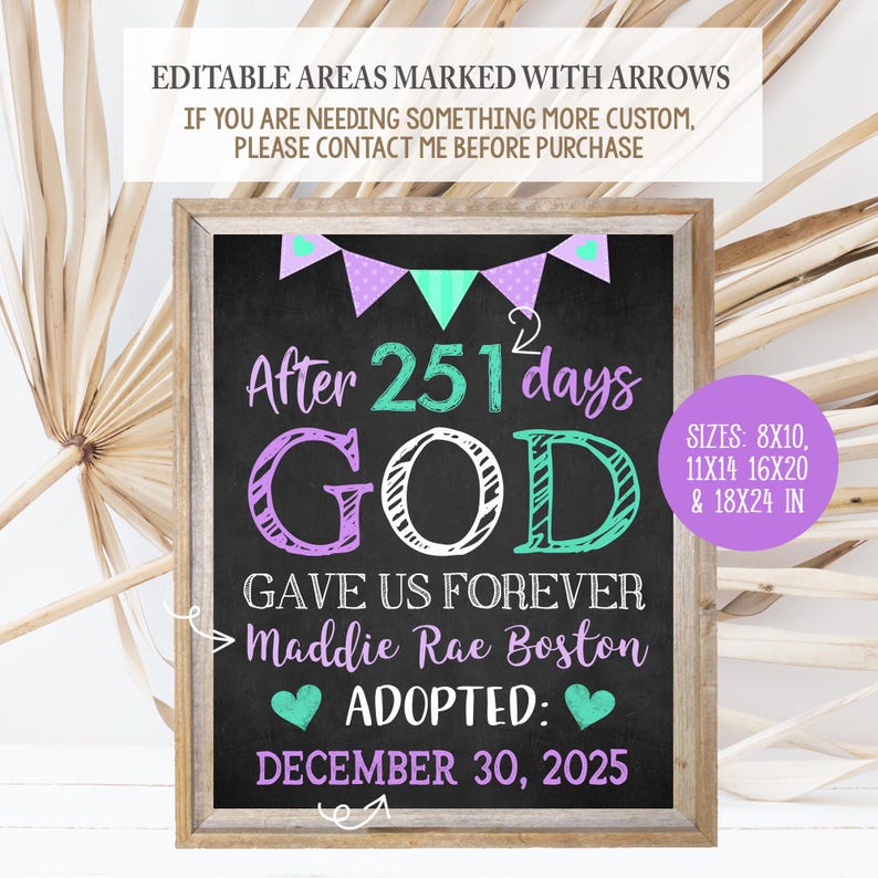 Editable Adoption Announcement Sign Purple Adopted Religious Poster God ...