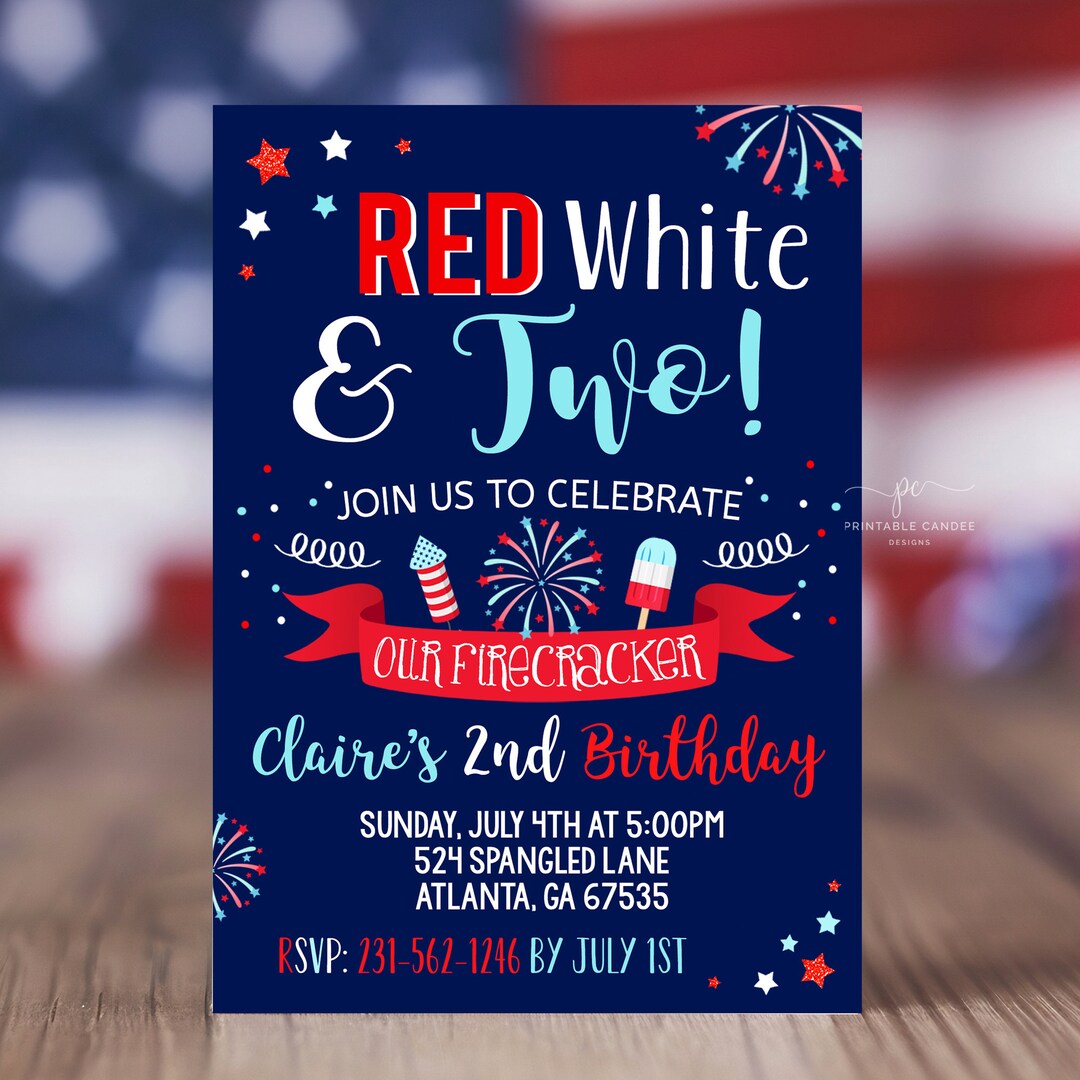 4th of July 2nd Birthday Invitation Red White and Two Firecracker ...