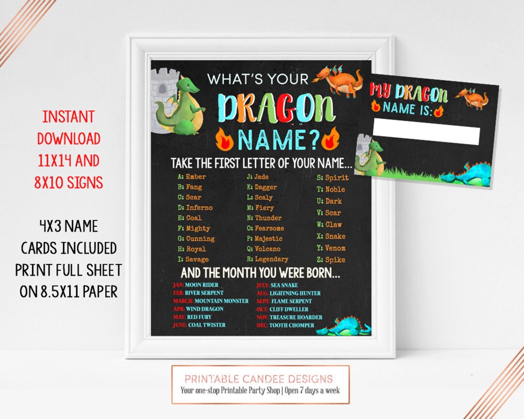 Dragon Name Game Dragon Birthday Dragon Party Sign Printable Instant ...
