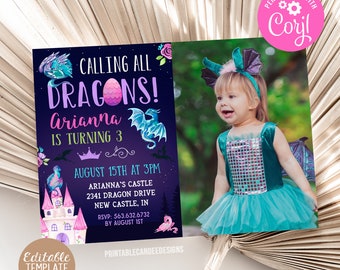 Girly Dragon Birthday Party Invitation, Printable Pink Dragon Themed ...