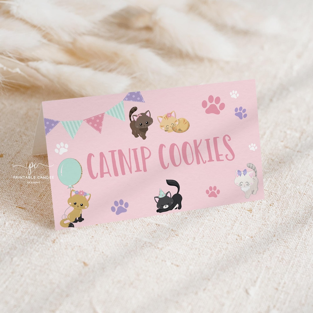 Kitten Party Food Labels Template Pink Cat Pawty Birthday Table Decor ...