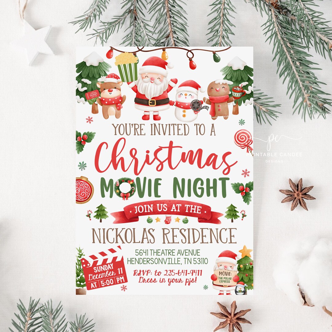 Editable Christmas Movie Night Invitation Holiday Movie Party Red Green ...