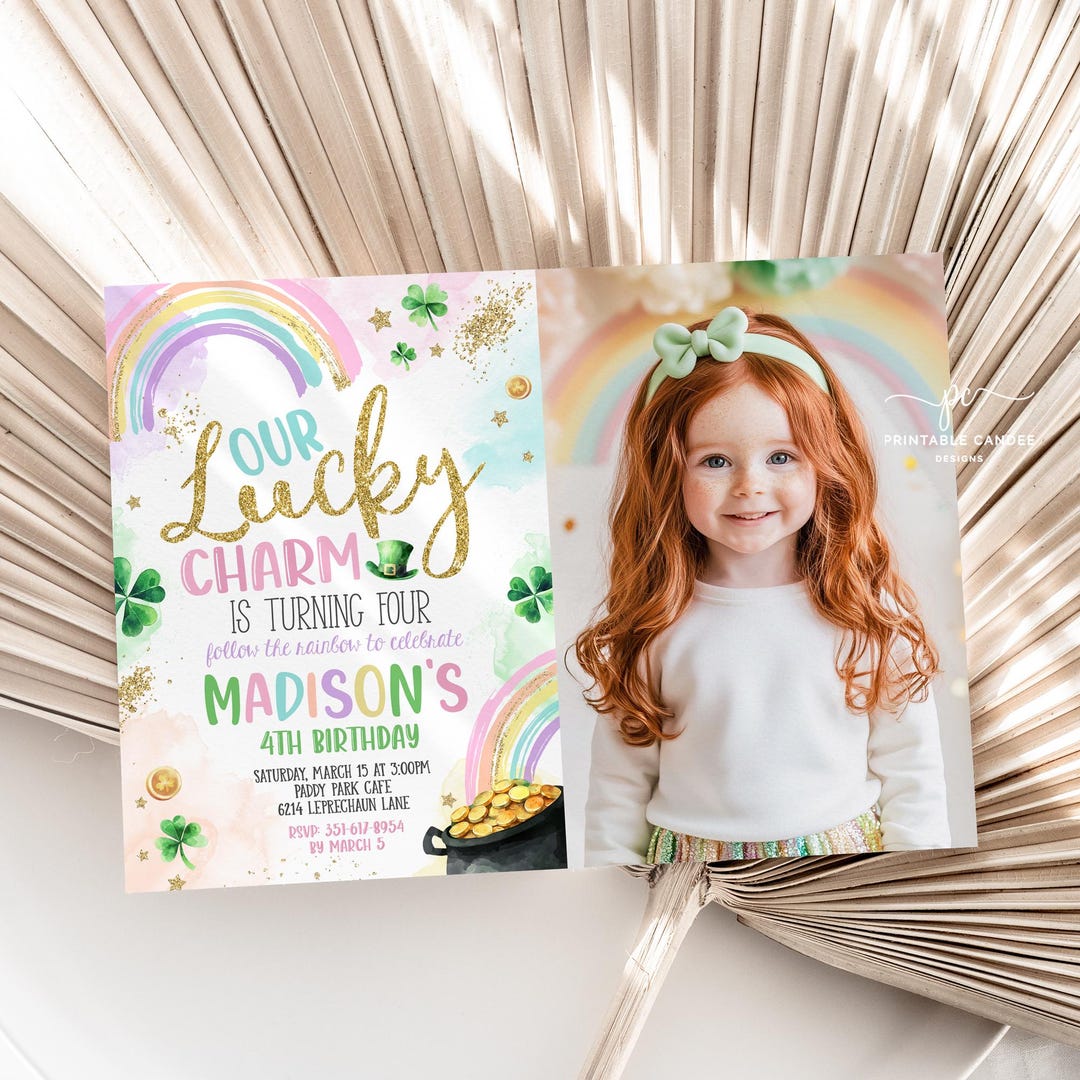 Editable St. Patrick's Day Birthday Invitation Girl Lucky Party Rainbow ...