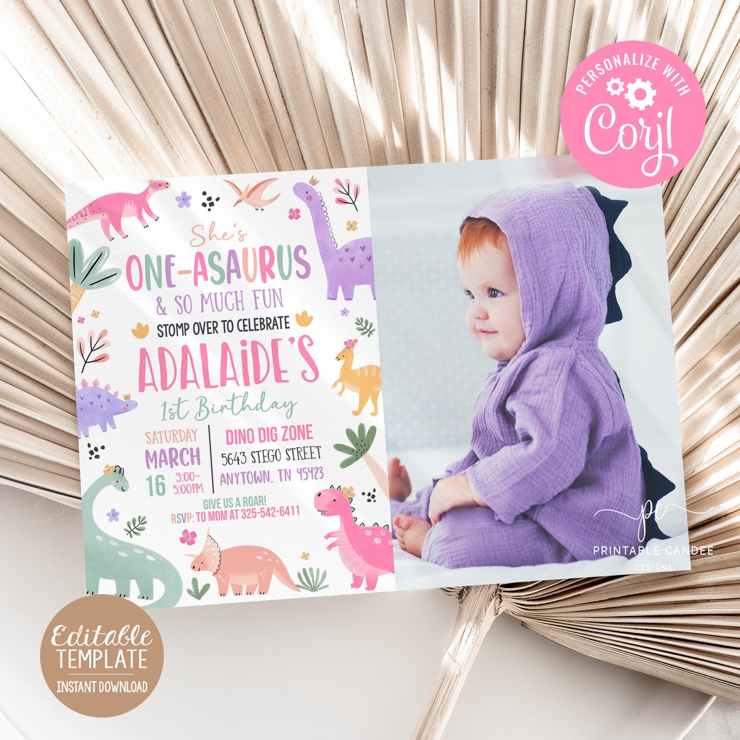 Pastel Dinosaur 1st Birthday Invitation Girl Oneasaurus Rex Party ...