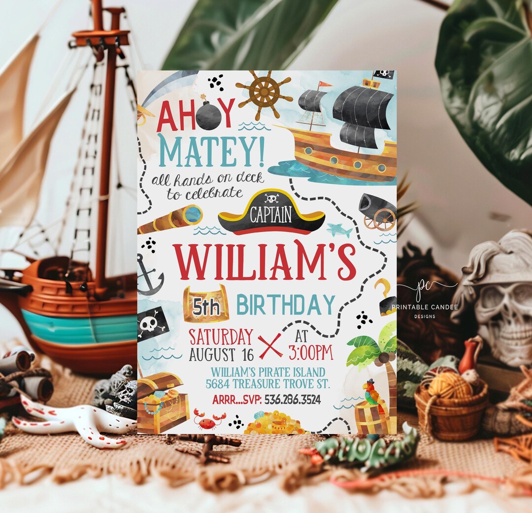Editable Pirate Birthday Invitation Ahoy Matey Theme Pirates Party ...