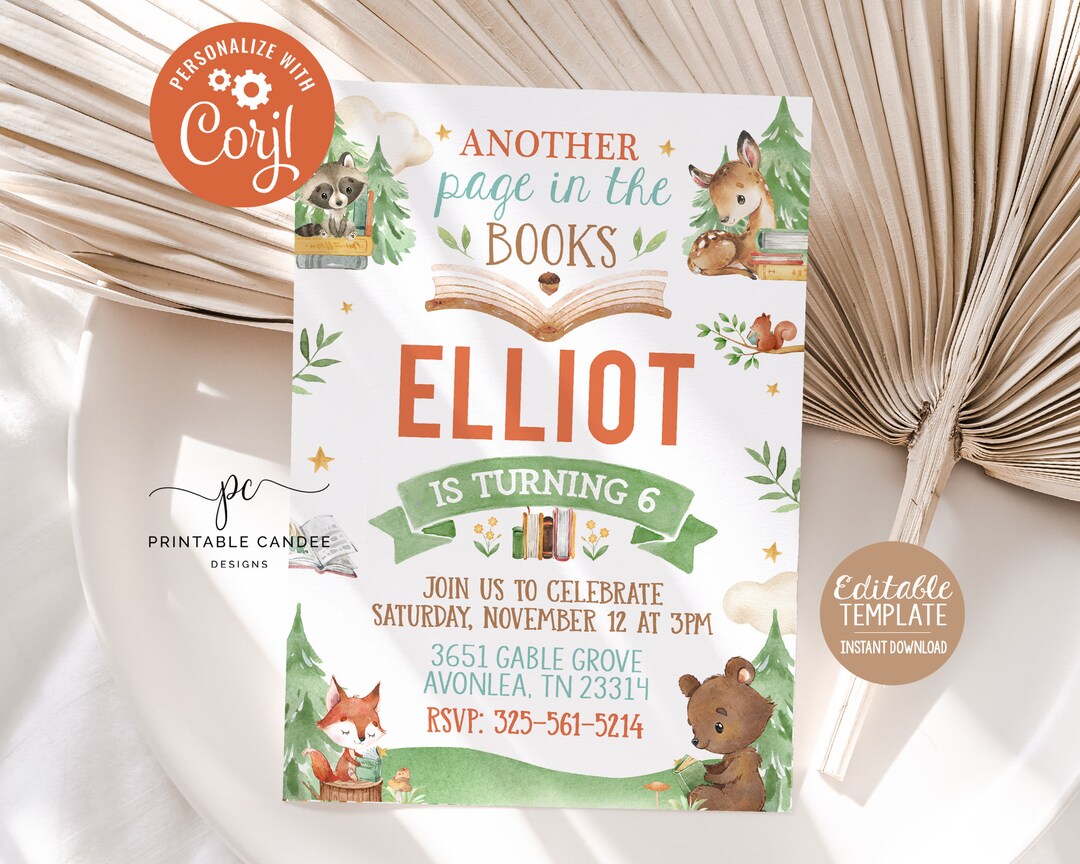 Editable Book Birthday Invitation Boy Woodland Library Themed Invite ...