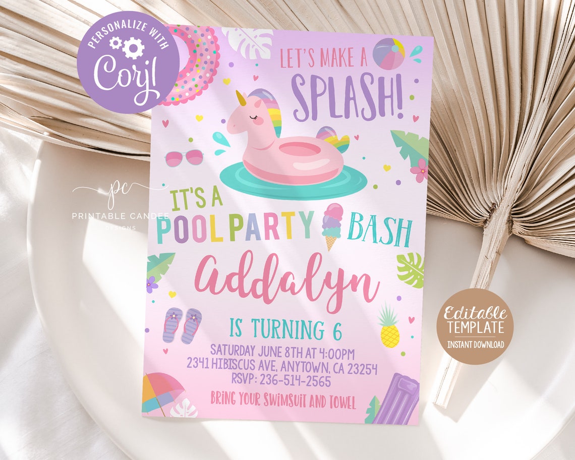 Unicorn Pool Party Invitation Editable Summer Birthday Invite Template ...