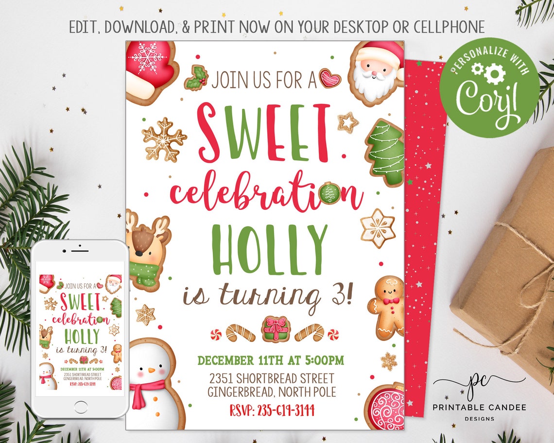Editable Christmas Birthday Invitation Holiday Cookie Party | Etsy