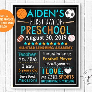 Sports First Day of Preschool Sign 1st Day of Kindergarten Back to ...